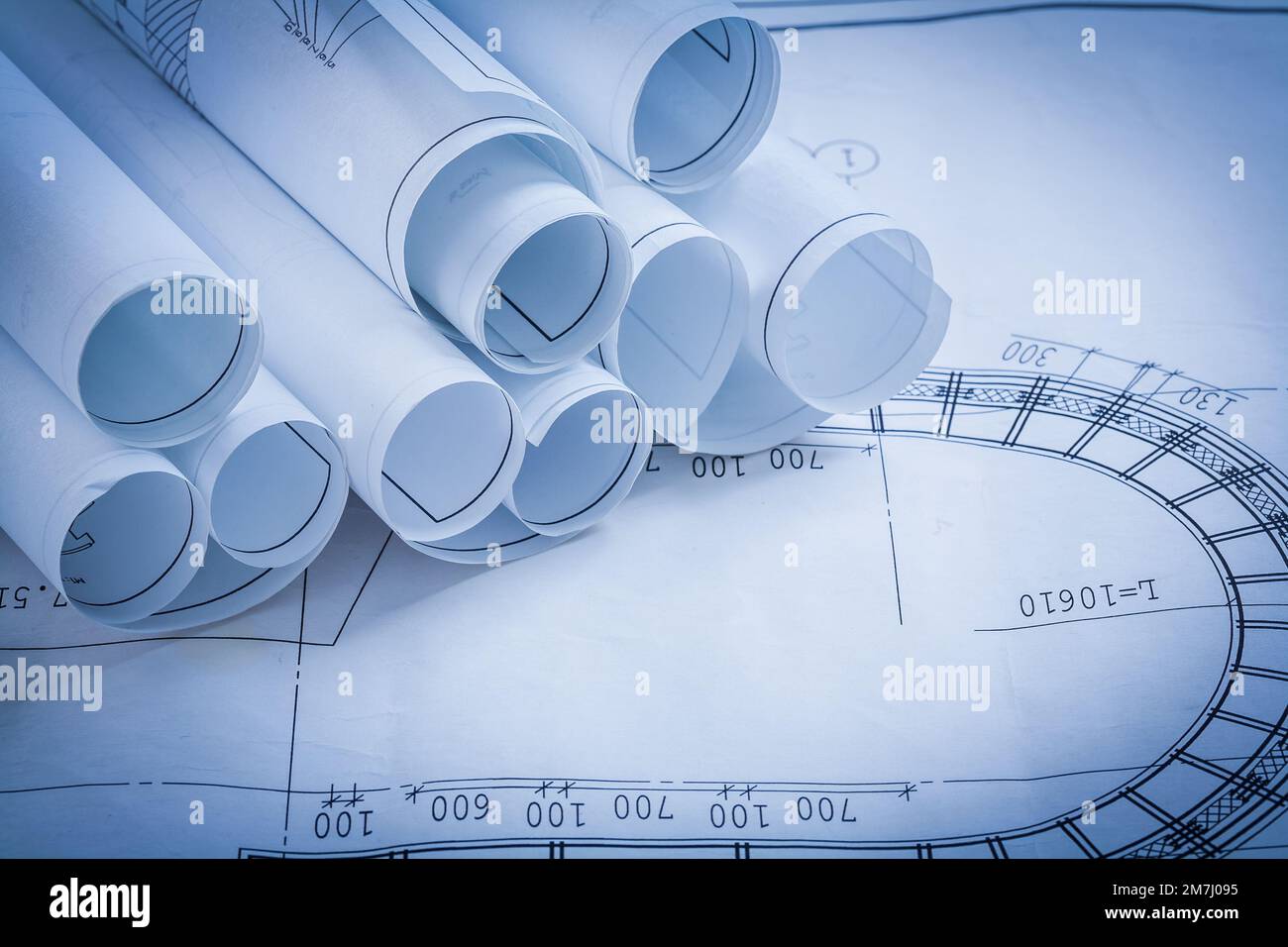 Pile of construction drawings building and architecture concept Stock ...