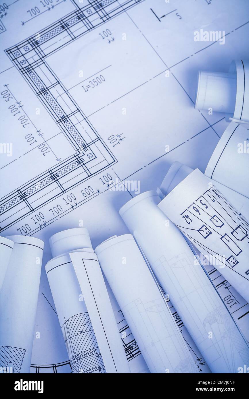 rolled blueprints with organized copyspace Stock Photo - Alamy