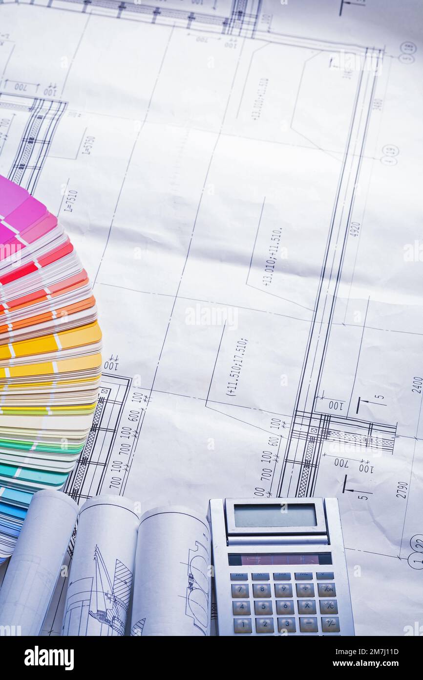 rolled up white blueprints color palette calculator compsotion Stock ...