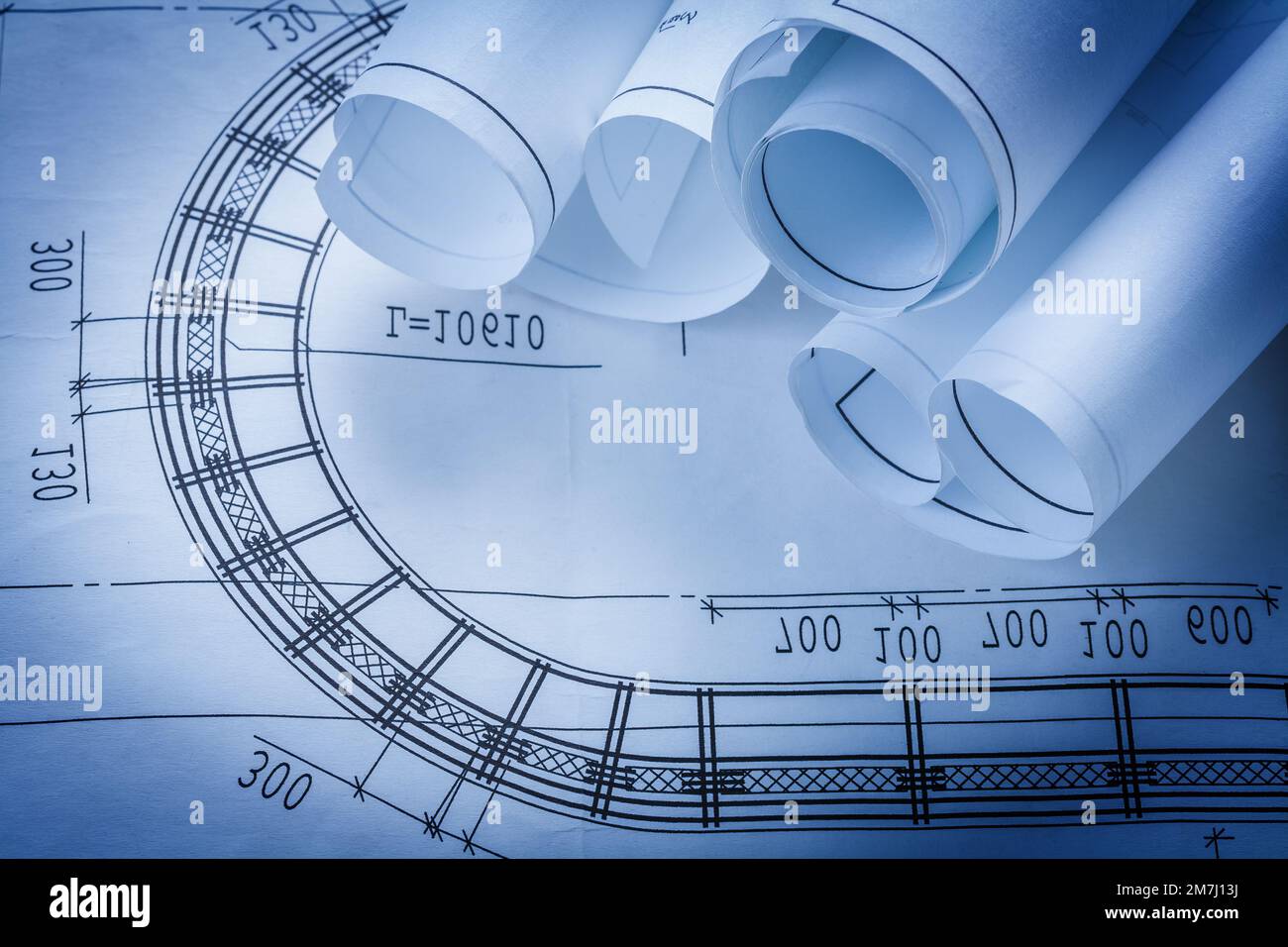 Rolls of construction drawings building and architecture concept Stock ...