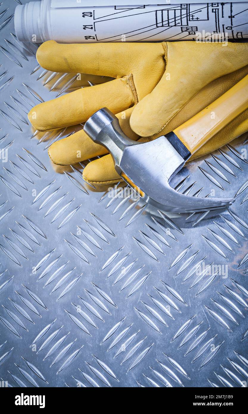 Set of claw hammer leather safety gloves construction plans on grooved ...