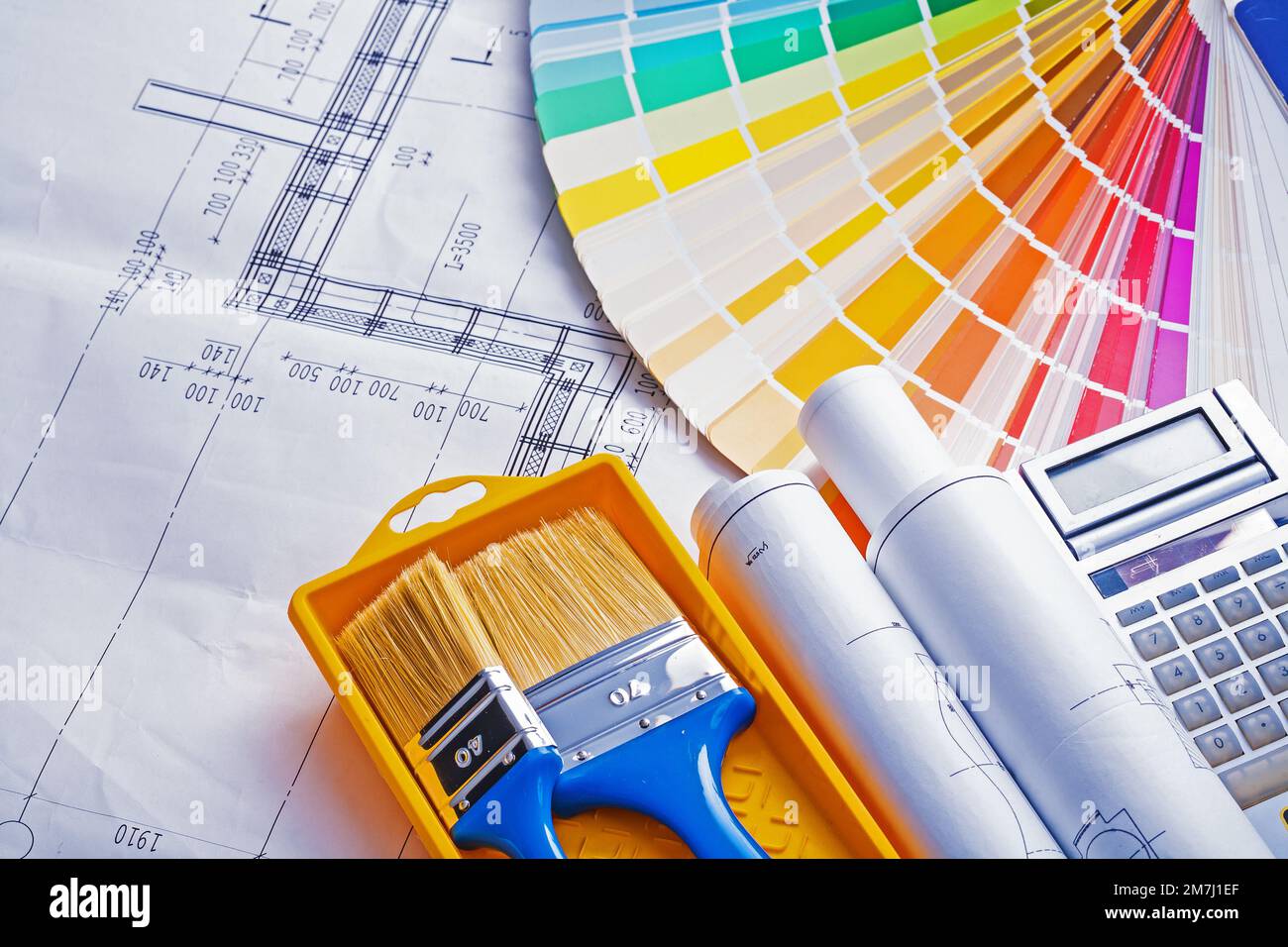 set of painting tools paint brushes in tray rolls blueprints color ...