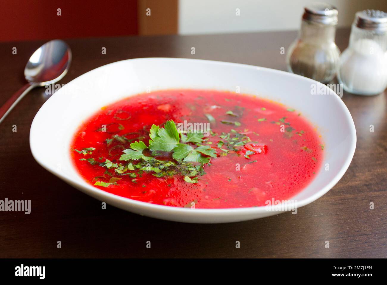 Borscht, traditional Ukrainian soup made with beetroot, beef and ...