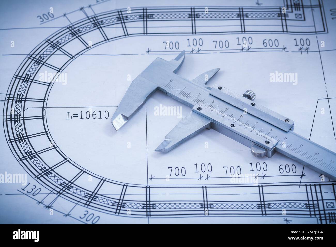 Stainless trammel caliper on blueprint construction concept Stock Photo ...