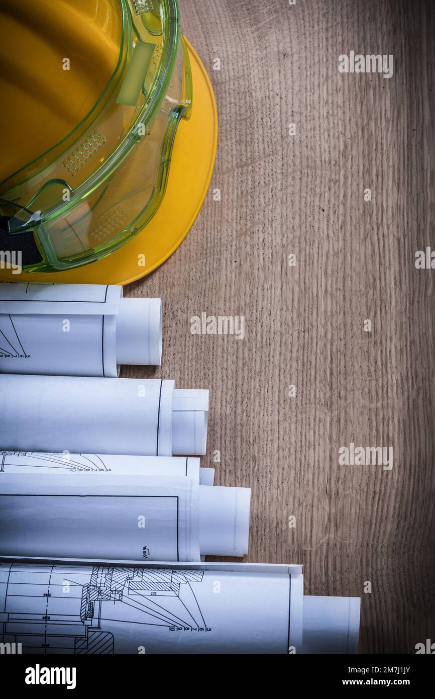Top view of plastic goggles construction plans and safety cap Stock ...