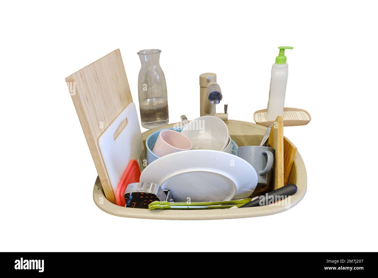 The kitchen sink was full of dirty unwashed dishes, isolated on a white ...