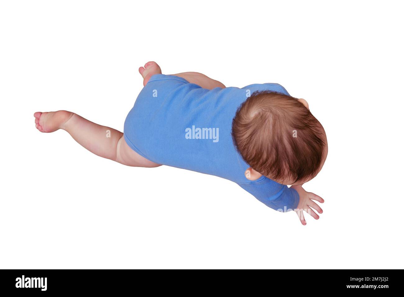 Happy baby toddler crawls on a wooden laminate, isolated on a white ...