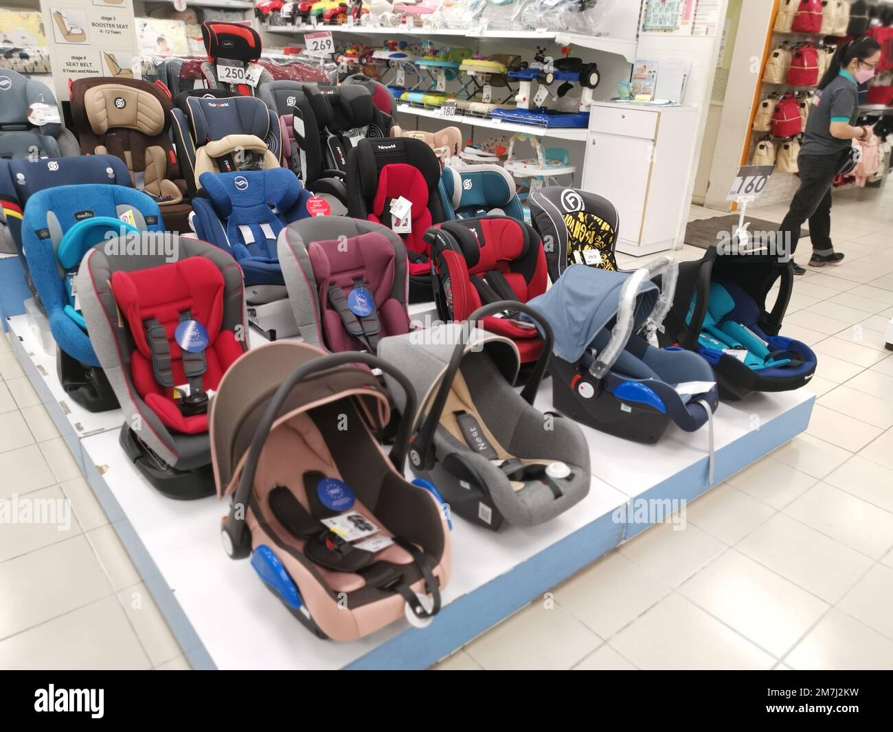 Perak,Malaysia. October 20,2022: Variety of colorful baby carrier cot ...