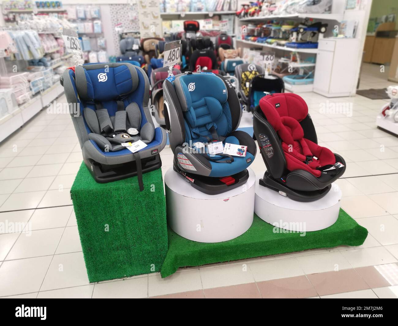 Perak,Malaysia. October 20,2022: Variety of colorful baby carrier cot ...