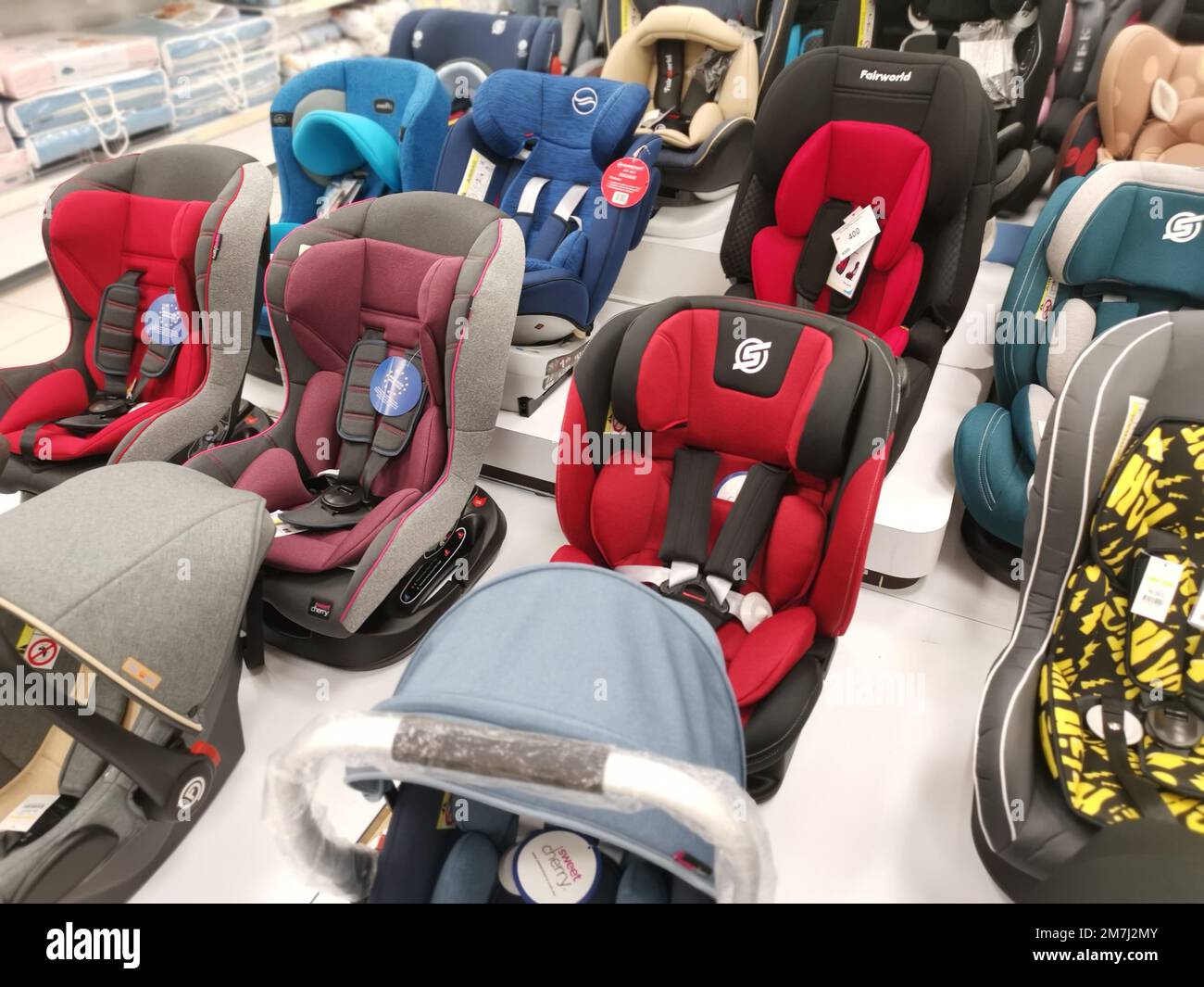 Perak,Malaysia. October 20,2022: Variety of colorful baby carrier cot ...