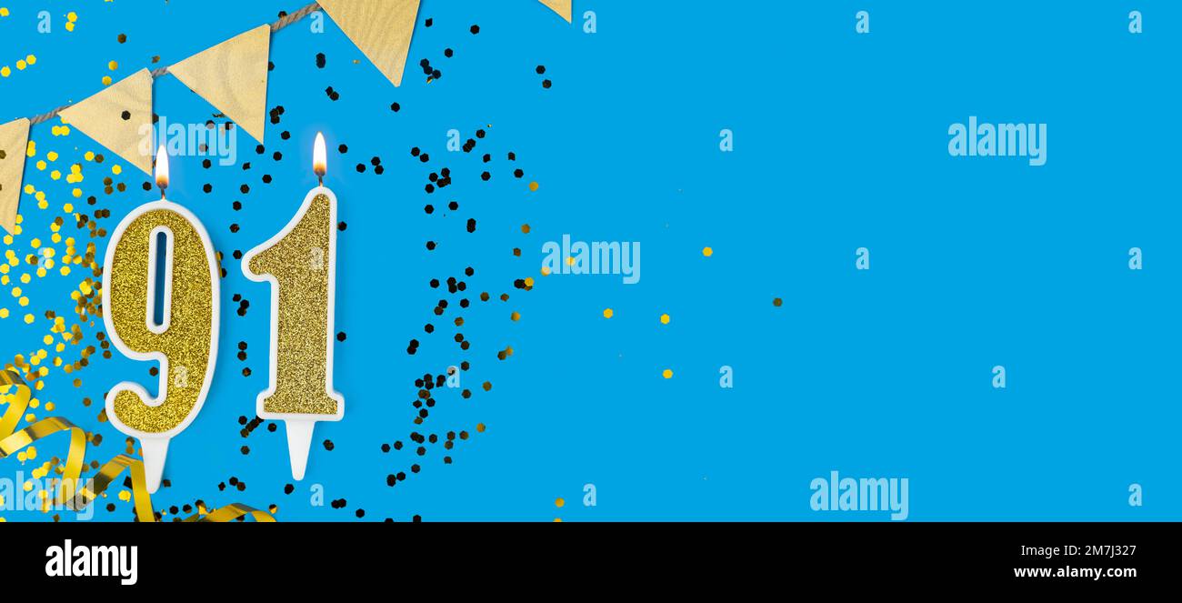 Golden candle number ninety one. Birthday or anniversary card with the ...