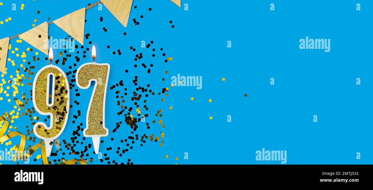 Golden candle number ninety seven. Birthday or anniversary card with ...