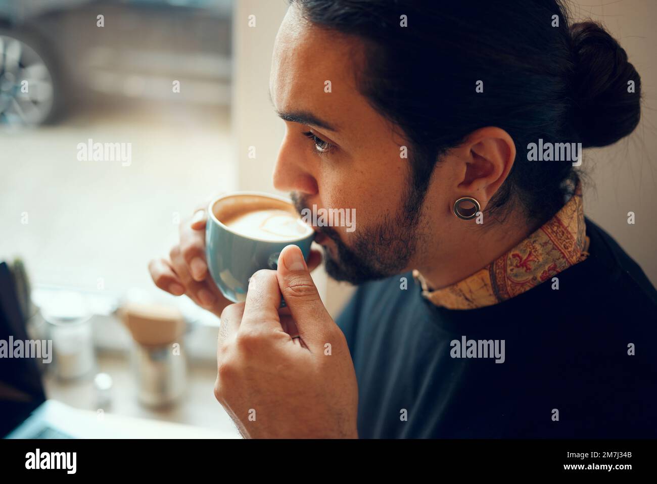 Startup employee, cafe or man drinking coffee in restaurant thinking ...