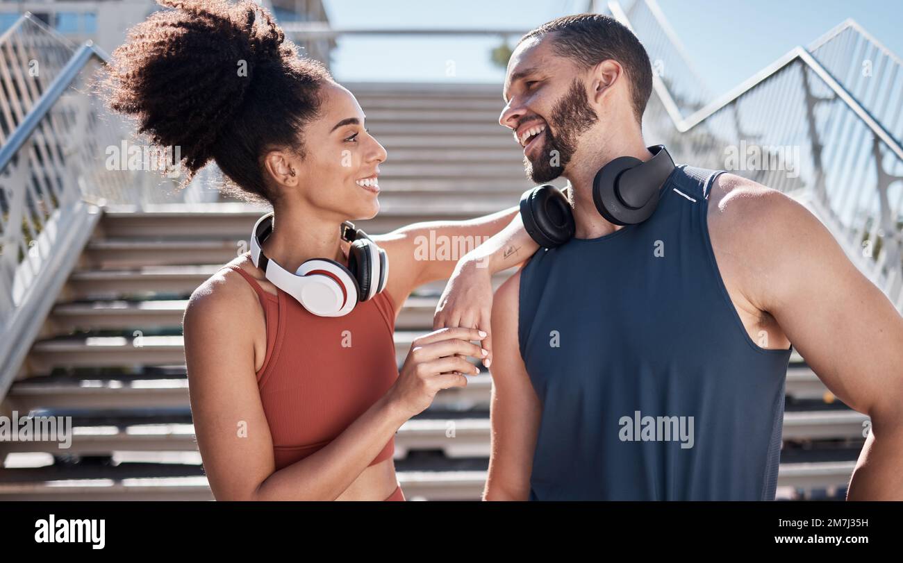 Fitness, city and happy couple doing an outdoor workout for health ...