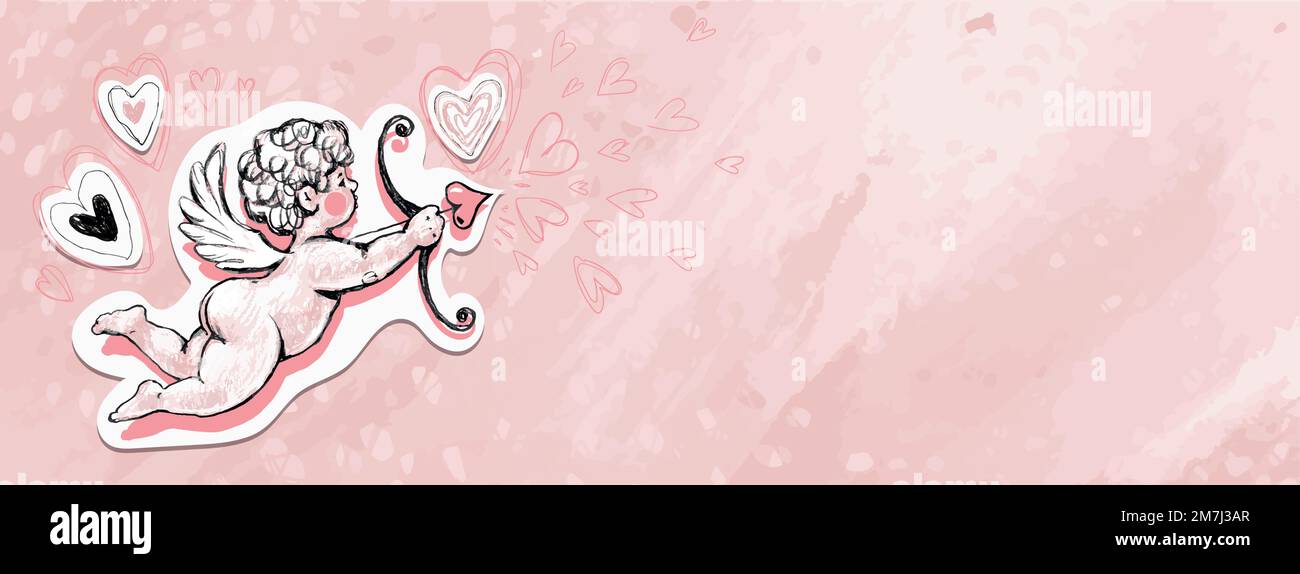 Cupid with an arrow on a pink background collage, modern background ...
