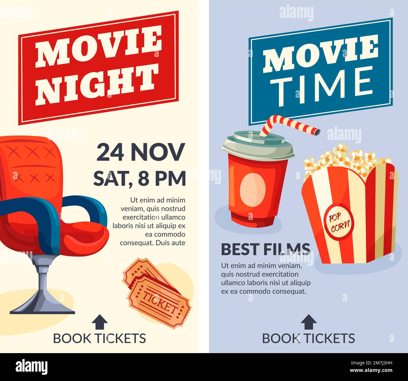 Movie night best films, booking tickets banners Stock Vector Image ...
