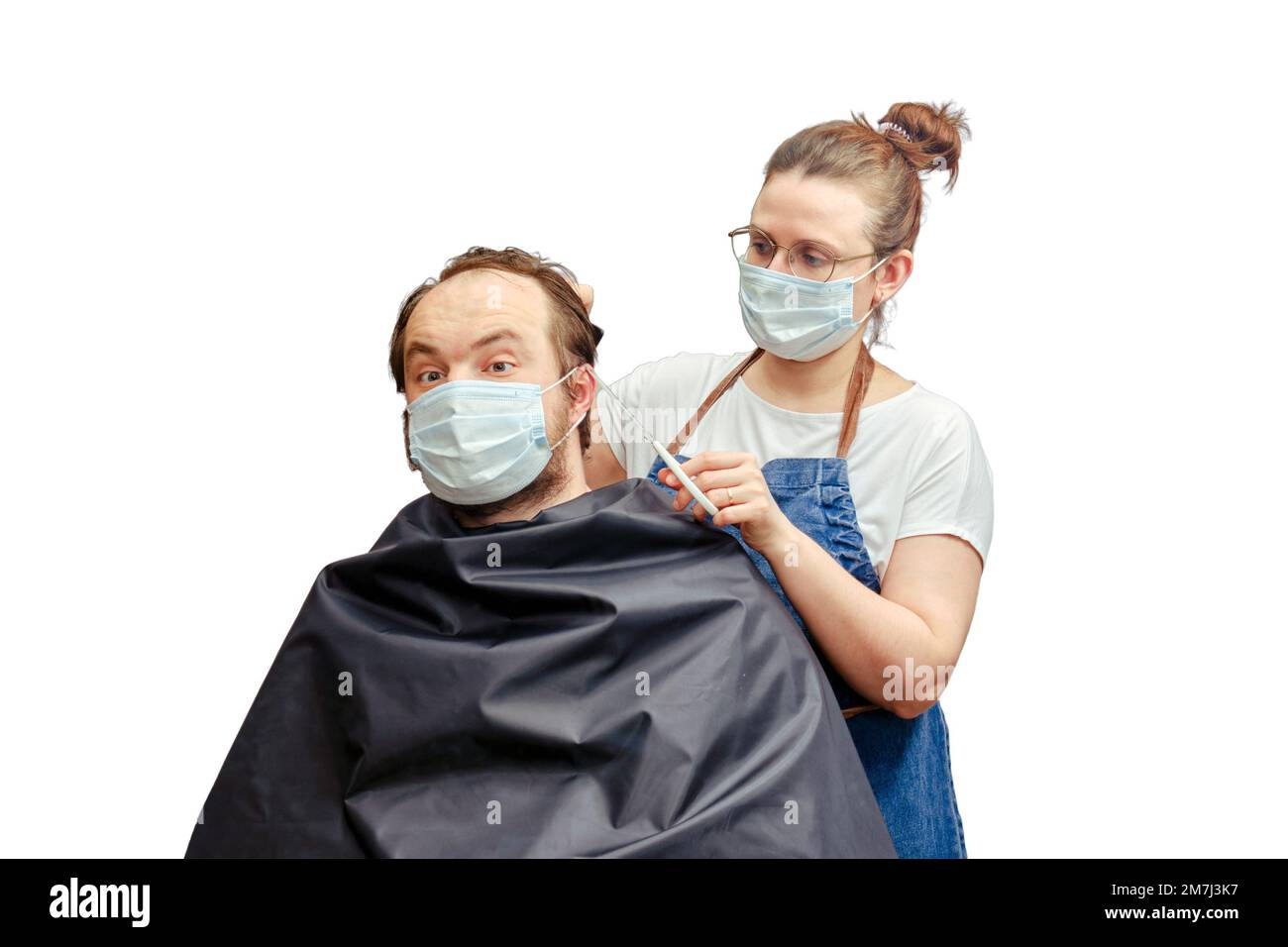Ear injury at home hair cutting self, man and woman in medical masks ...