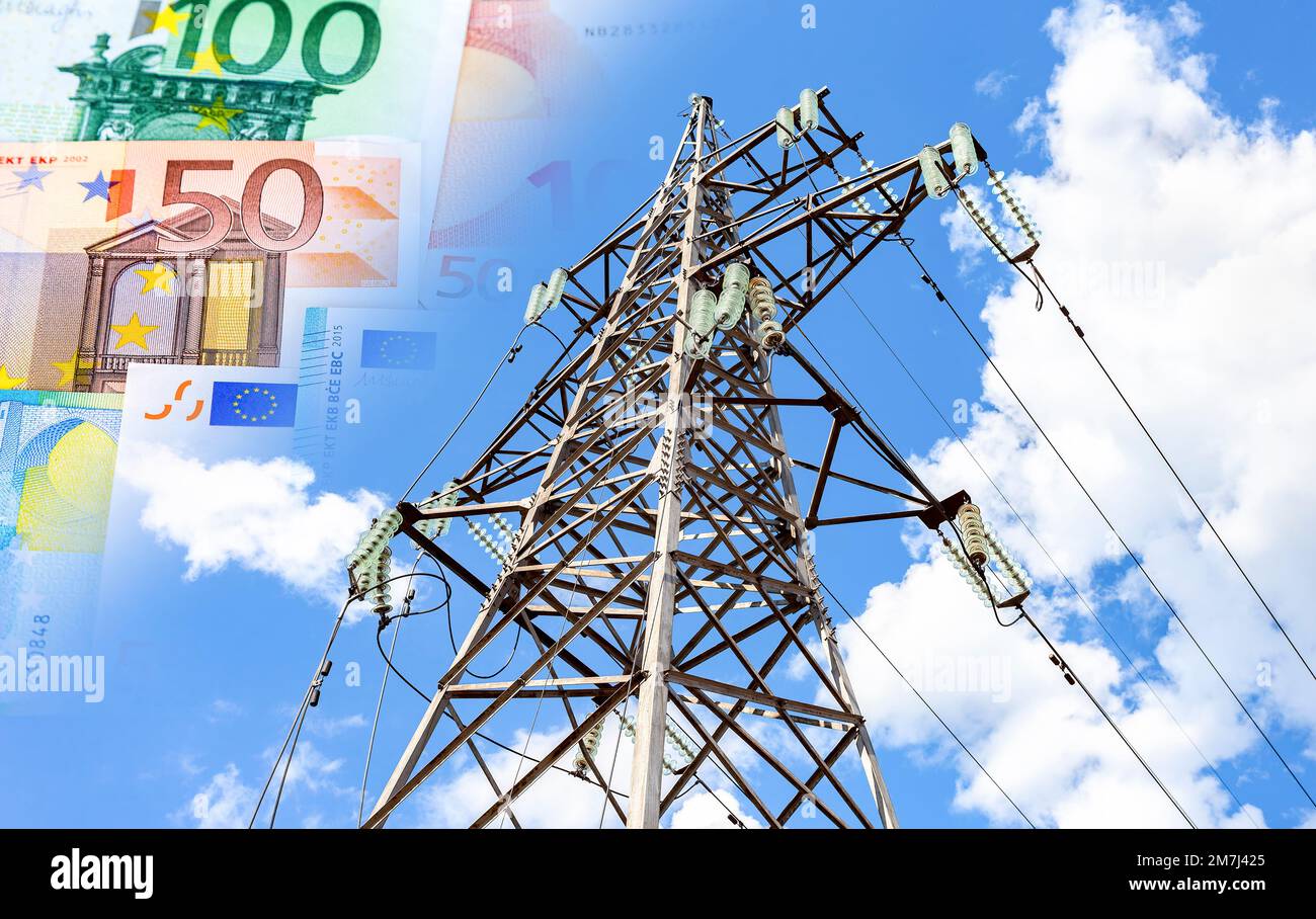 Euro banknotes on the background of a high-voltage power line ...