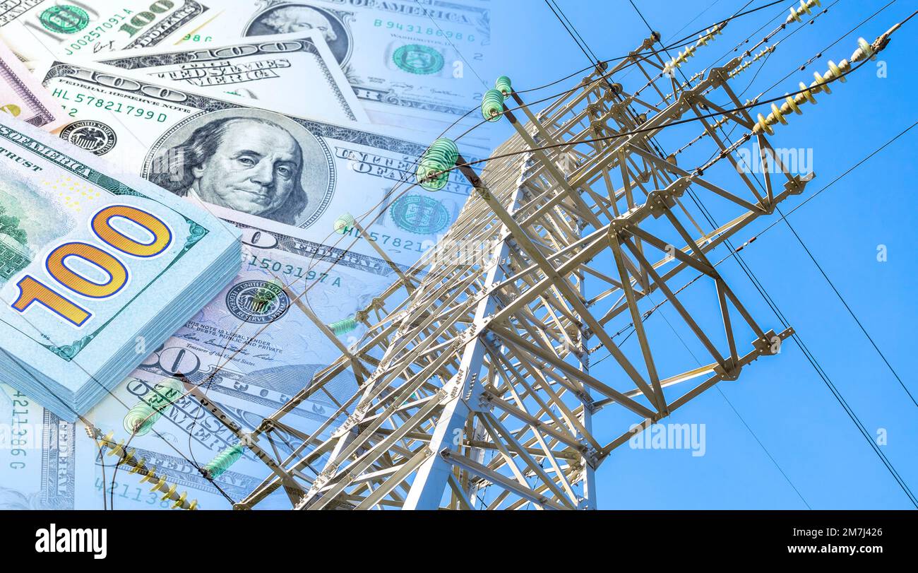 Heap of american dollar banknotes on the background of a high-voltage ...