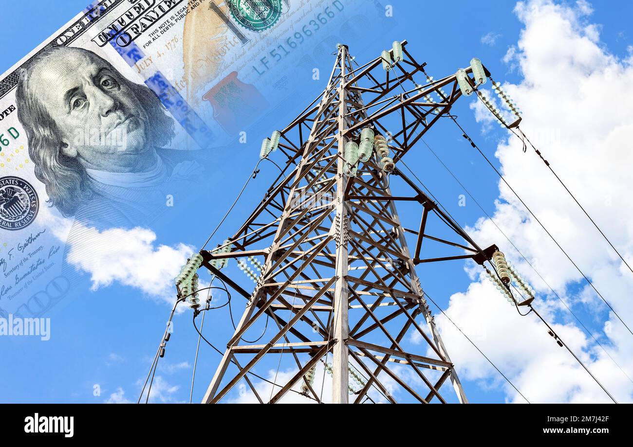 One hundred dollar bill on the background of a high-voltage power line ...