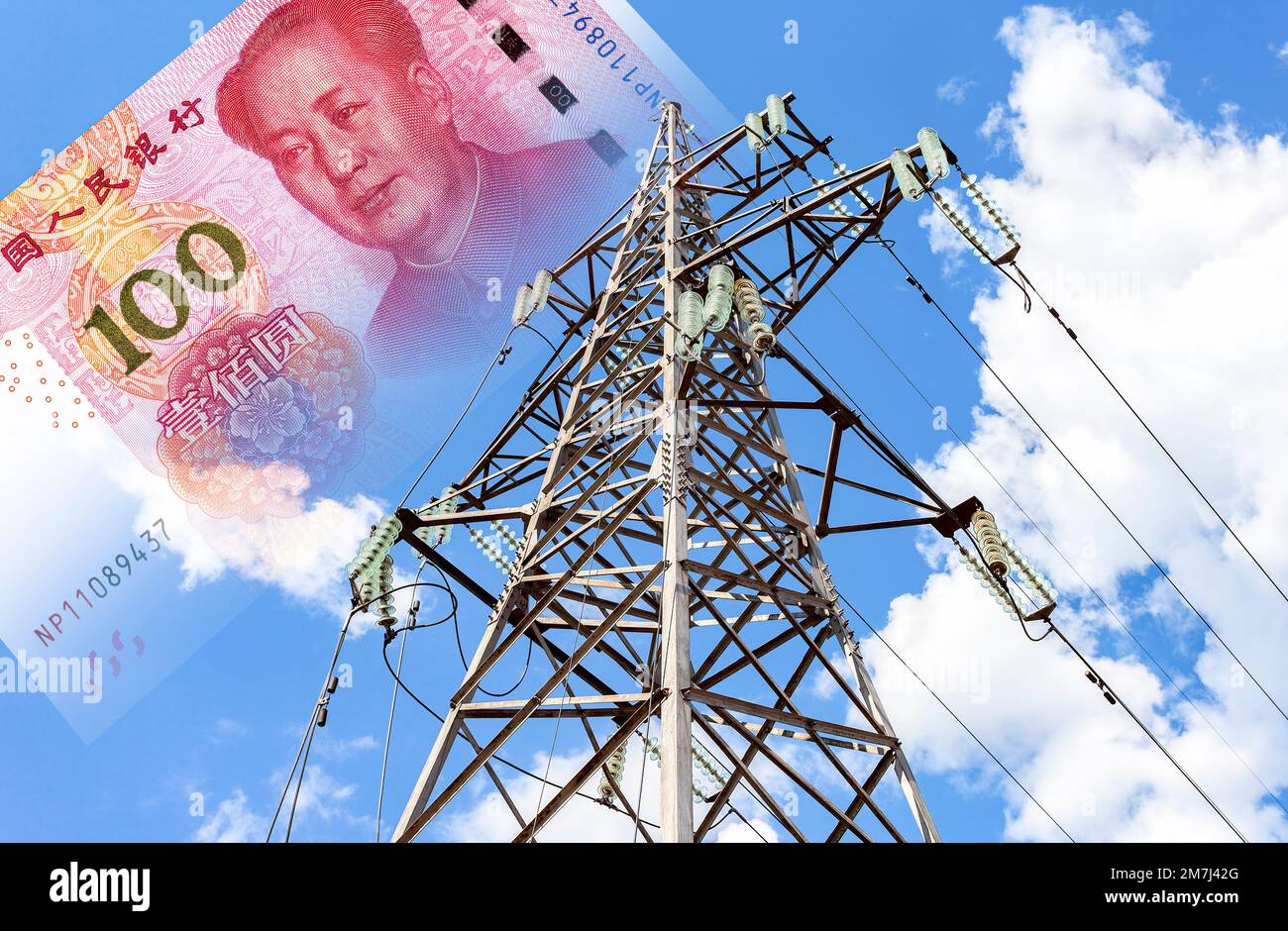 Chinese yuan banknote on the background of a high-voltage power line ...