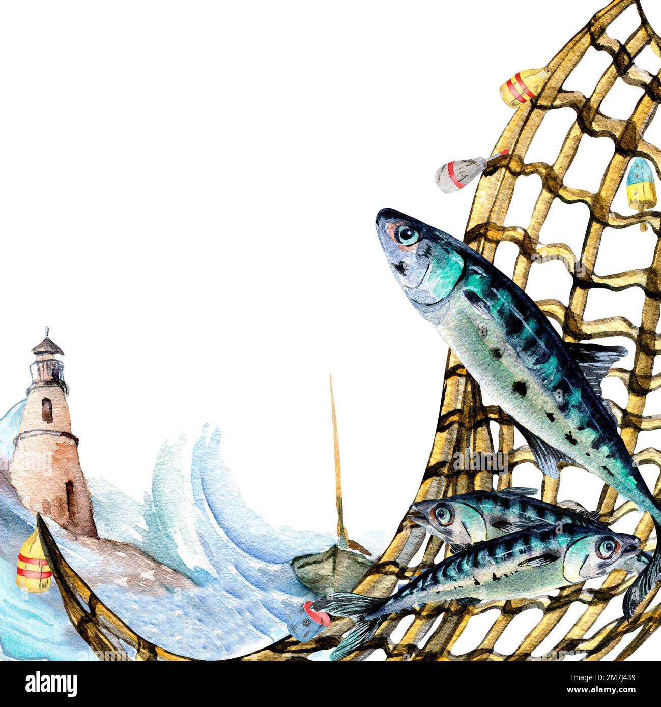 Composition of mackerel and seascape watercolor illustration isolated ...