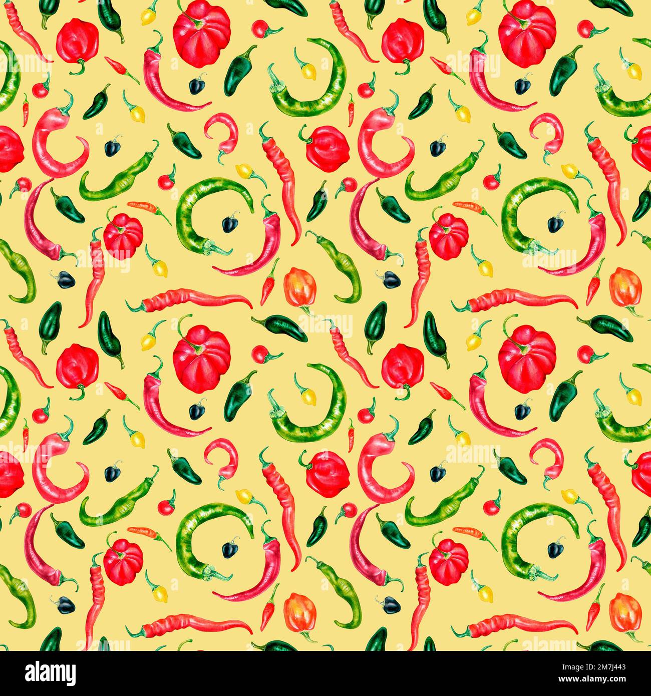 Various hot peppers watercolor seamless pattern isolated on yellow ...