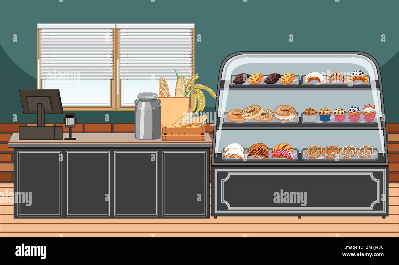 Bakery shop interior with bakery showcase illustration Stock Vector ...