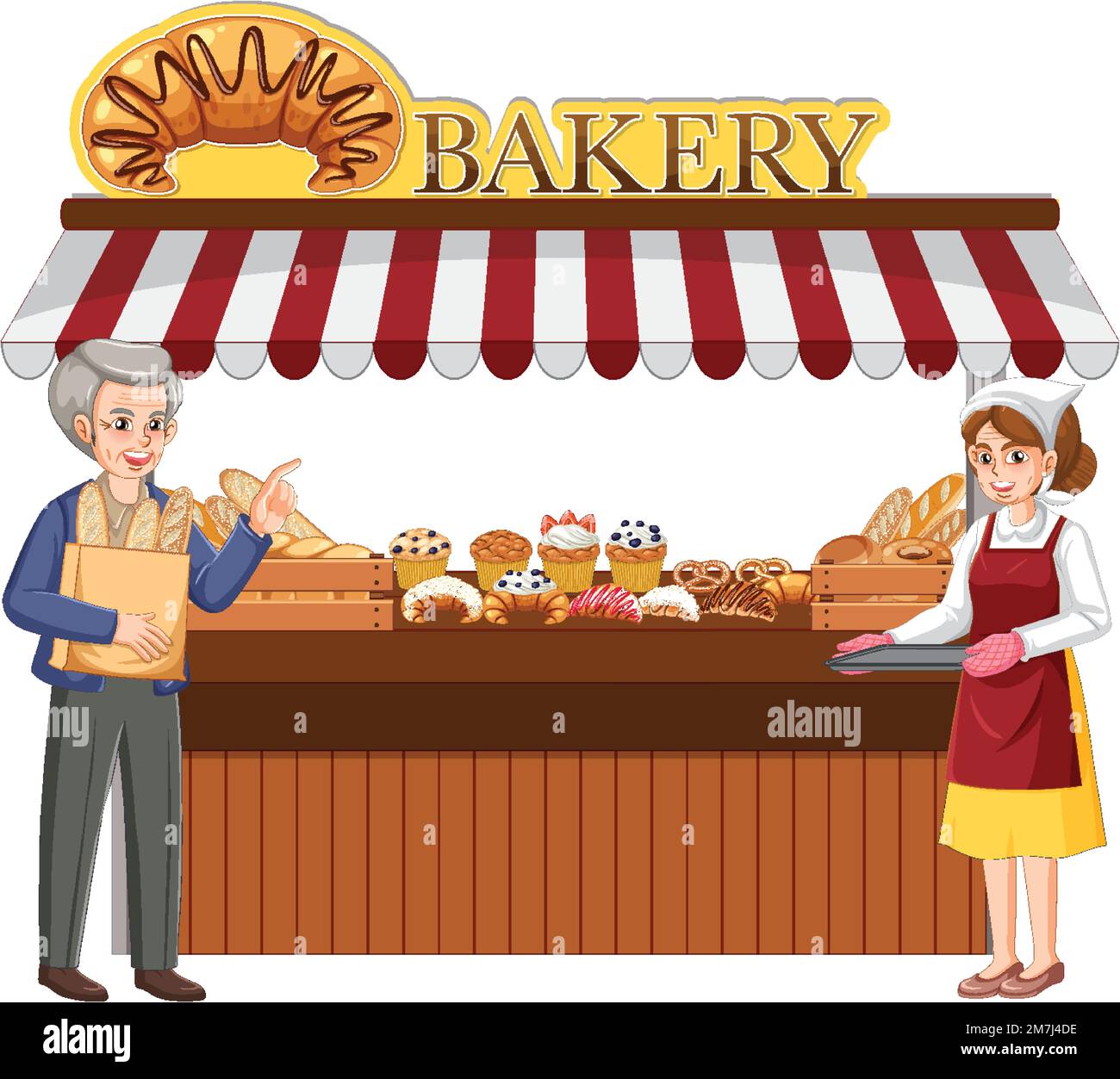 Bakery food stall with bakery seller illustration Stock Vector Image ...