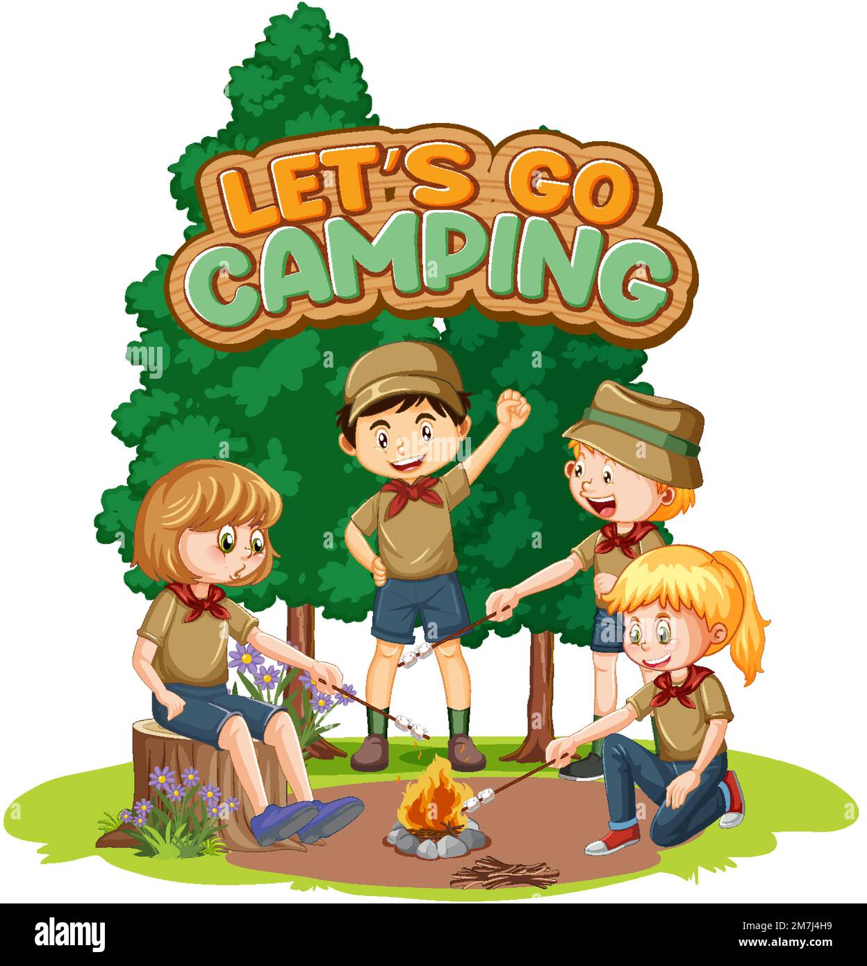 Camping kids and text design for word let's go camping illustration ...