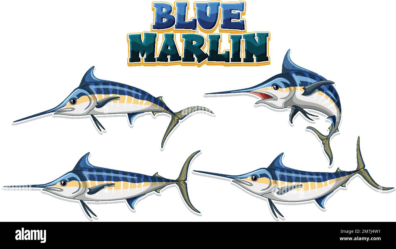 Blue marlin fish cartoon character in different poses illustration ...