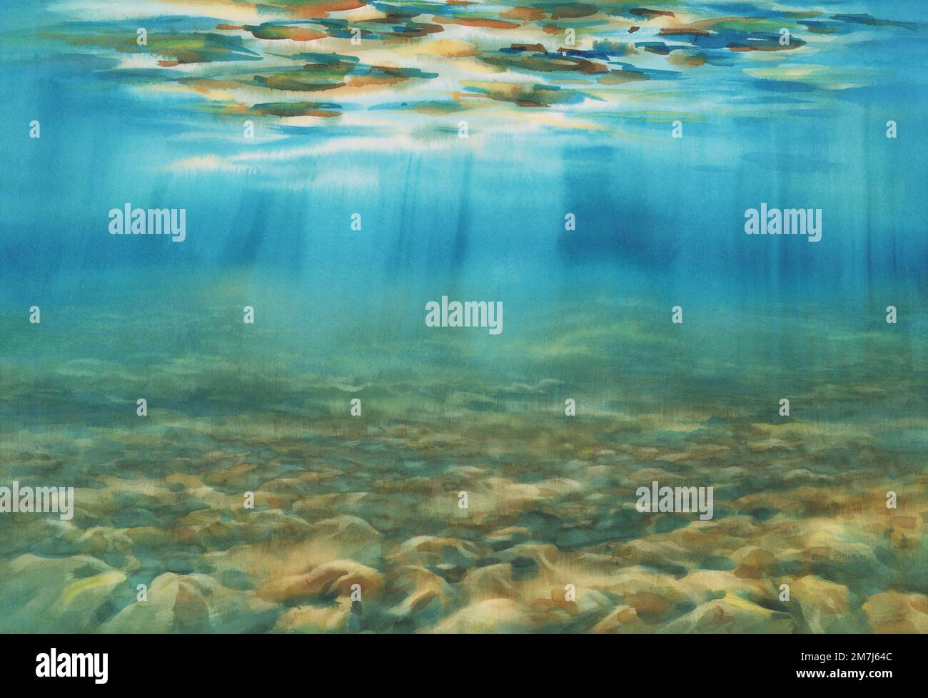 Sea underwater. Light rays on the blue watercolor background Stock ...