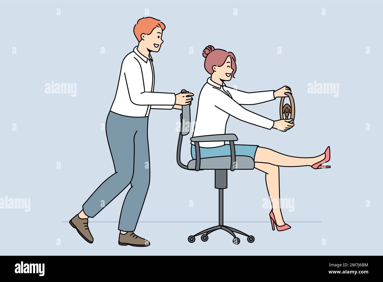 Smiling colleagues relax ride on chairs in office. Happy employees or ...