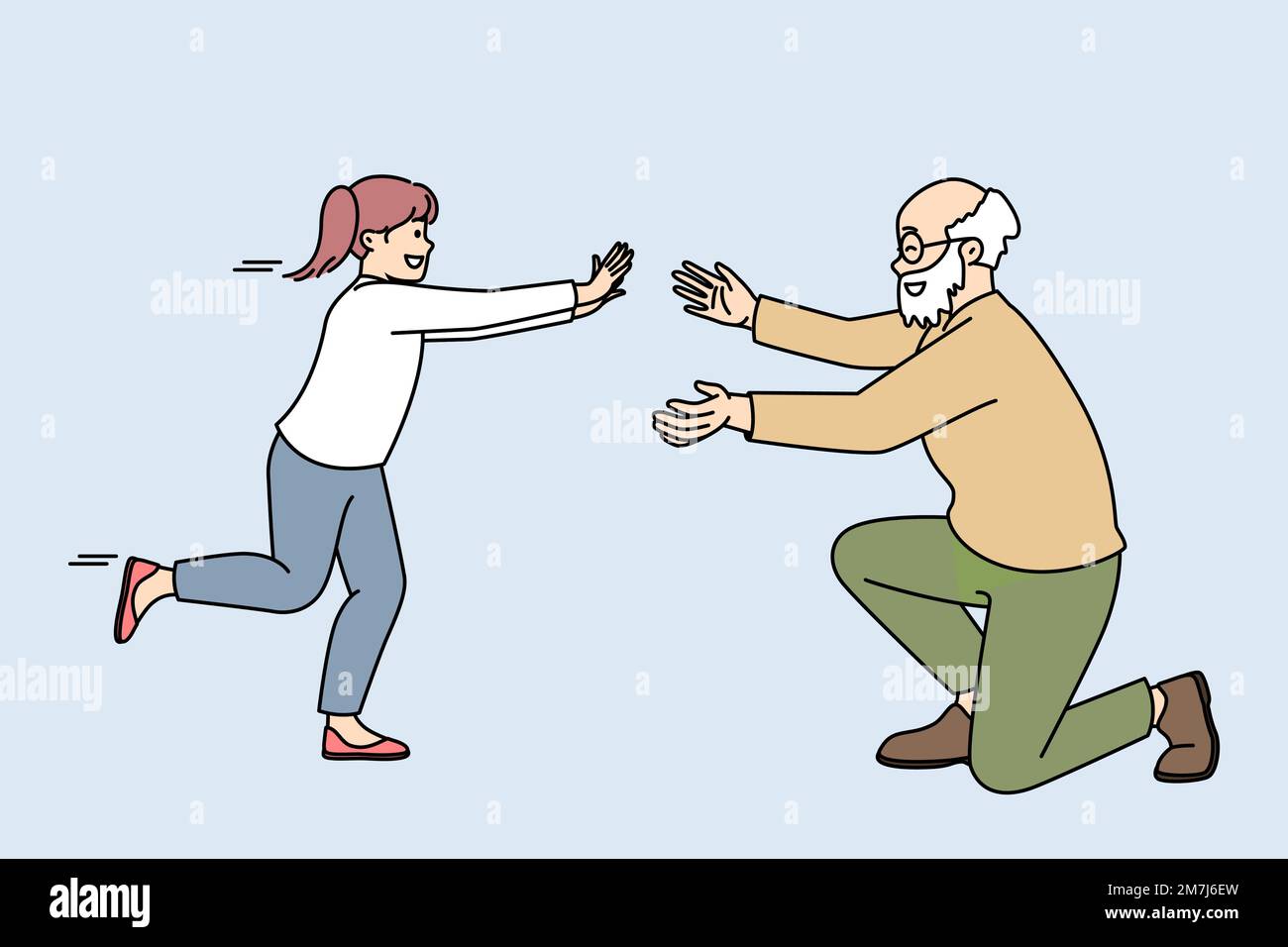 Overjoyed little girl child running to happy elderly grandfather ...