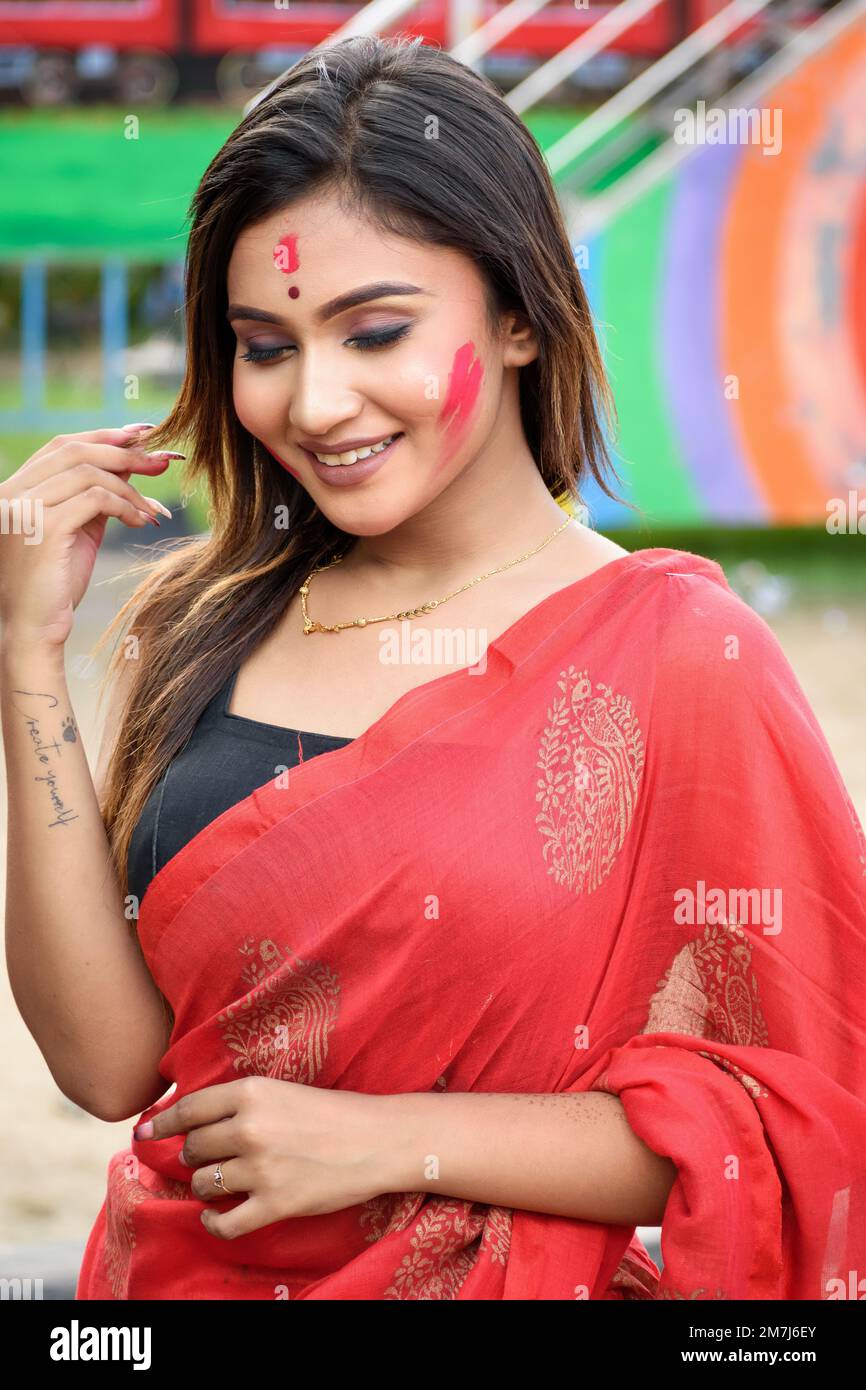 Portrait Of Very Beautiful Young Attractive Woman Wearing Traditional Bengali Outfit And