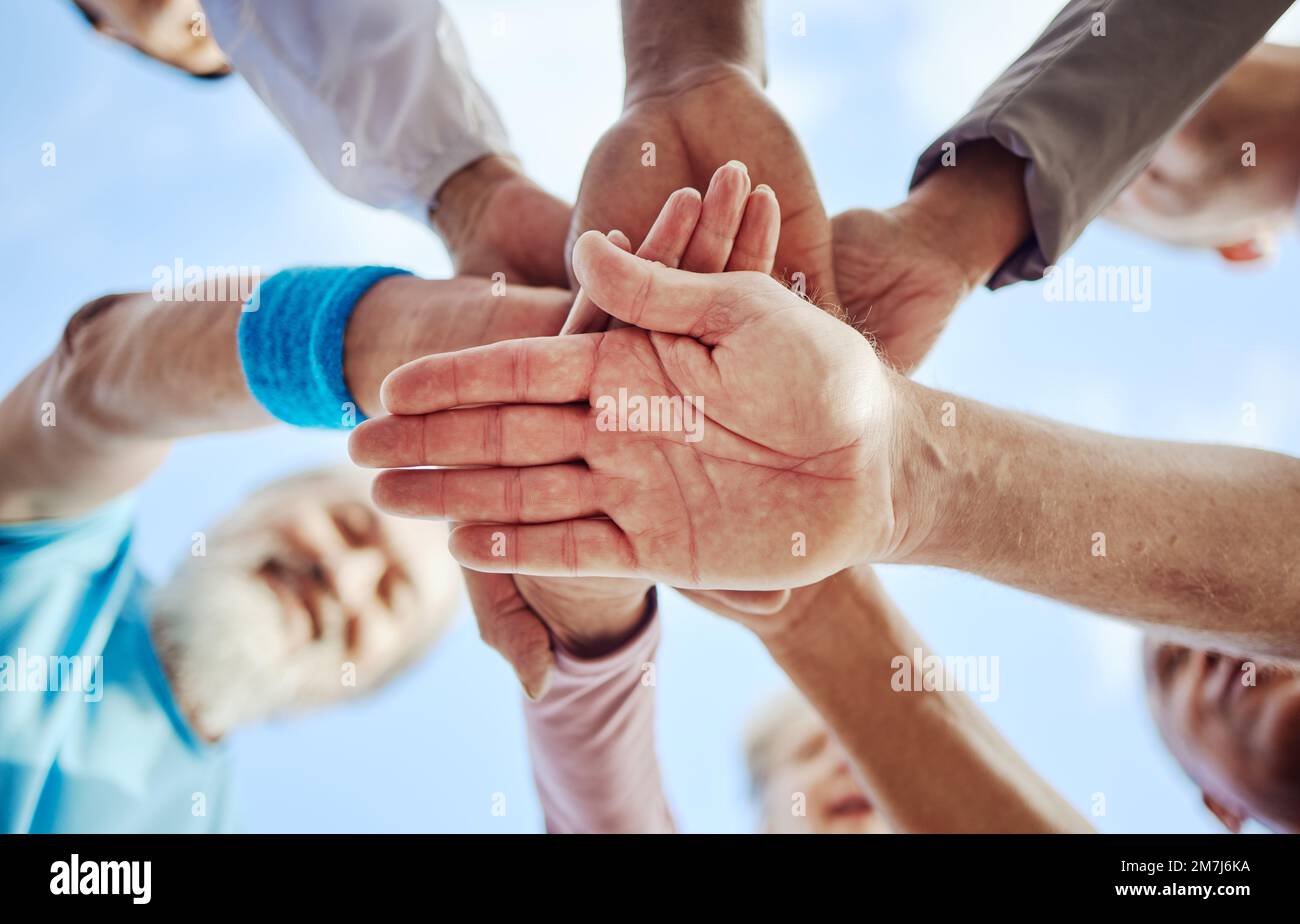 Fitness, partnership or hands of senior friends with support, hope of ...