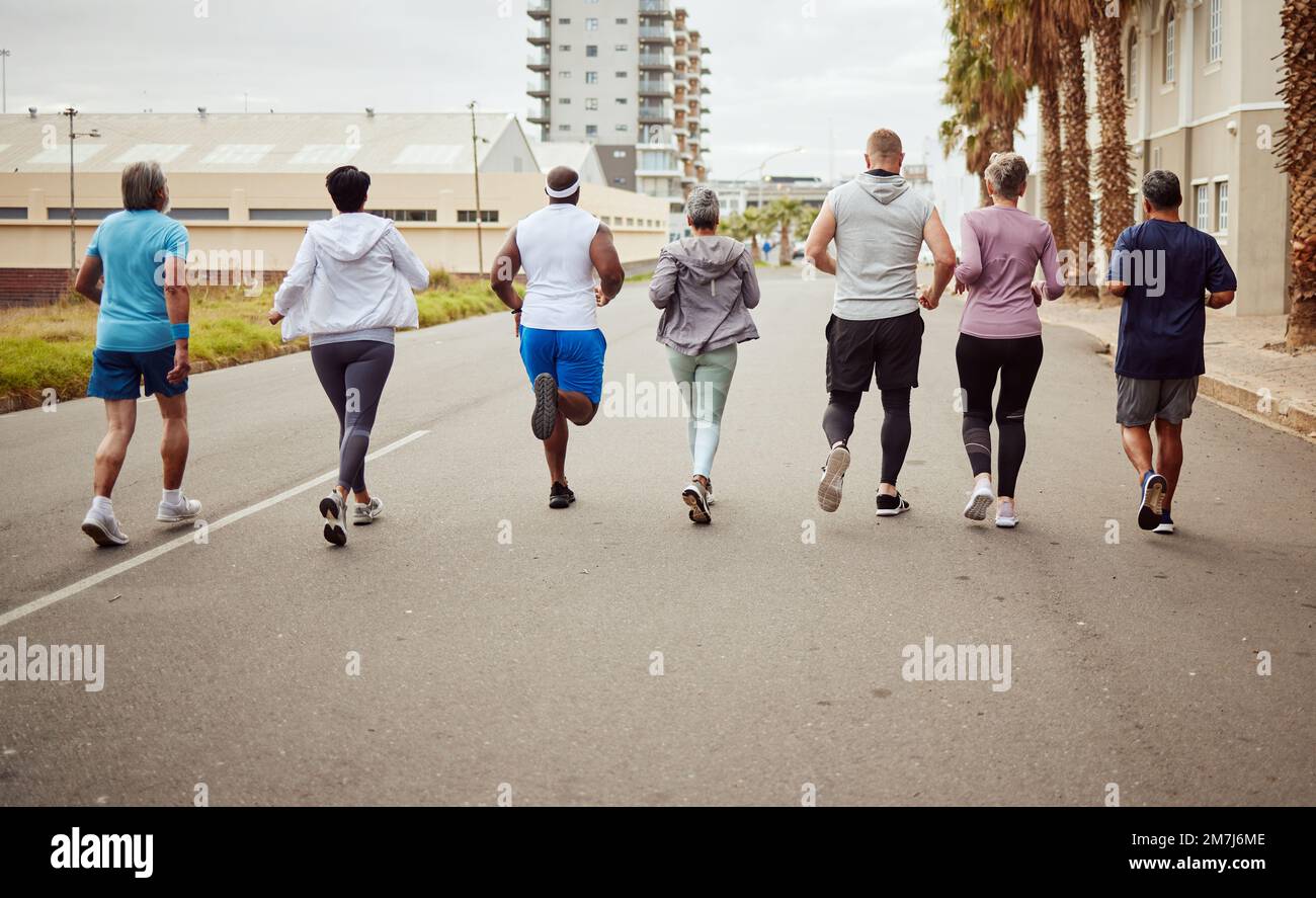 Fitness, city or people running in a marathon challenge with sports ...