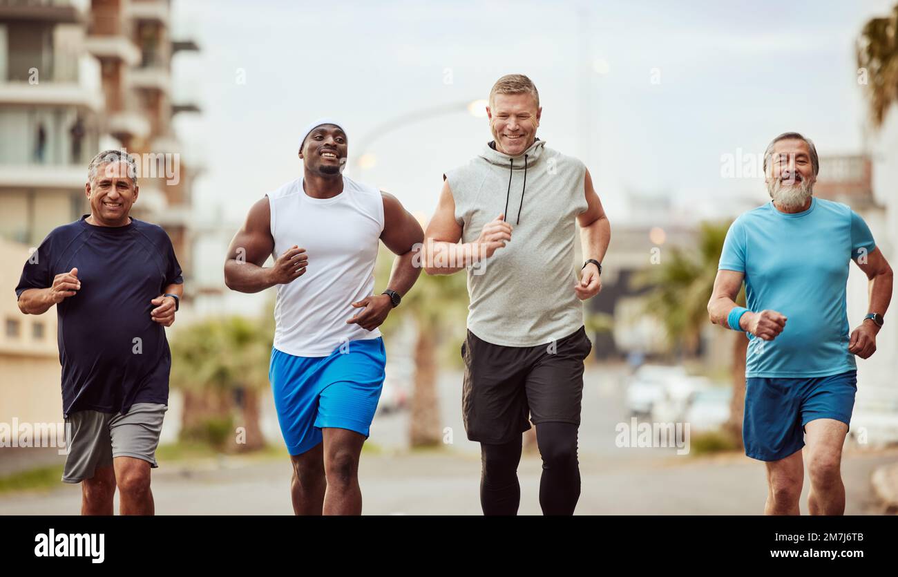 Fitness, running and teamwork with senior friends in city for stamina ...