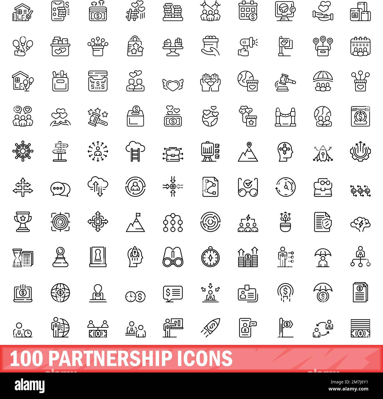 100 partnership icons set. Outline illustration of 100 partnership ...