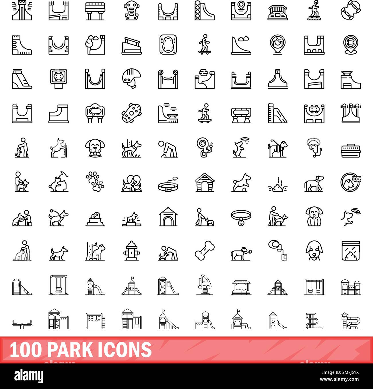 100 park icons set. Outline illustration of 100 park icons vector set isolated on white ...