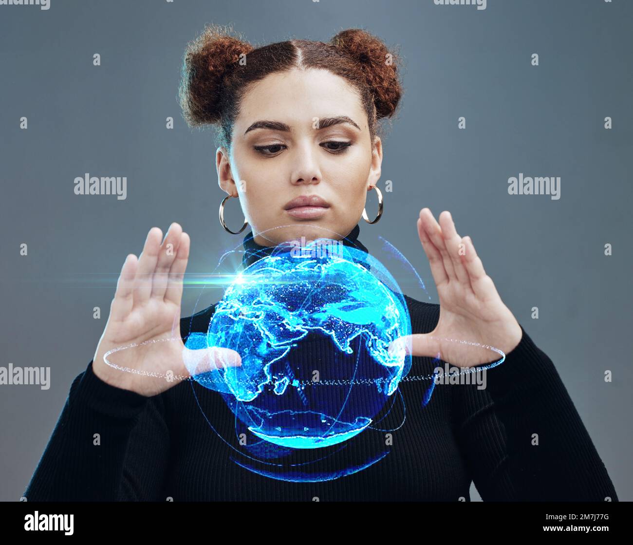 Globe hologram, futuristic tech and woman, technology innovation with ... Globe hologram, futuristic tech and woman, technology innovation with ...