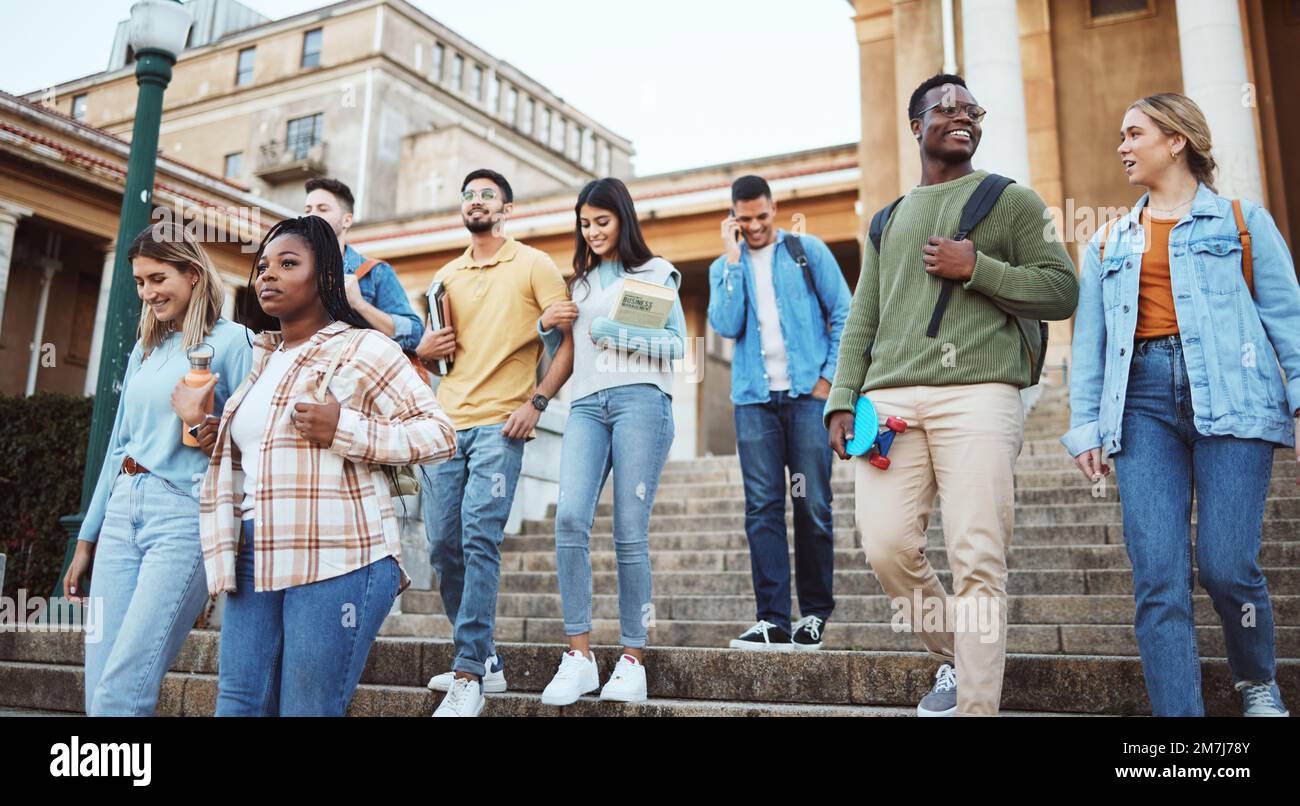 Students, diversity or walking on university steps, college campus or ...