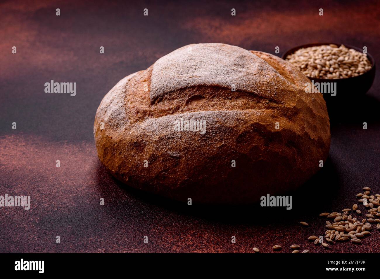 Beautiful delicious freshly baked round shaped white bread on a dark ...