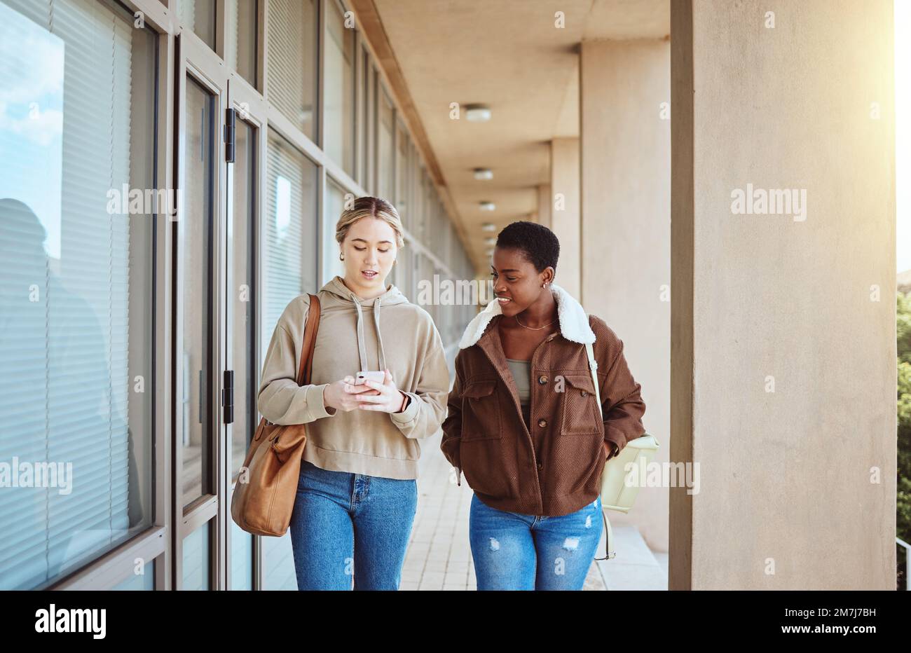 Friends, women and smartphone for social media, talking and connection ...