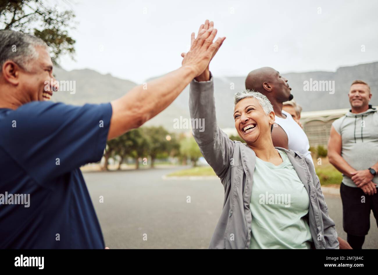 Fitness, high five and senior people or friends with support ...