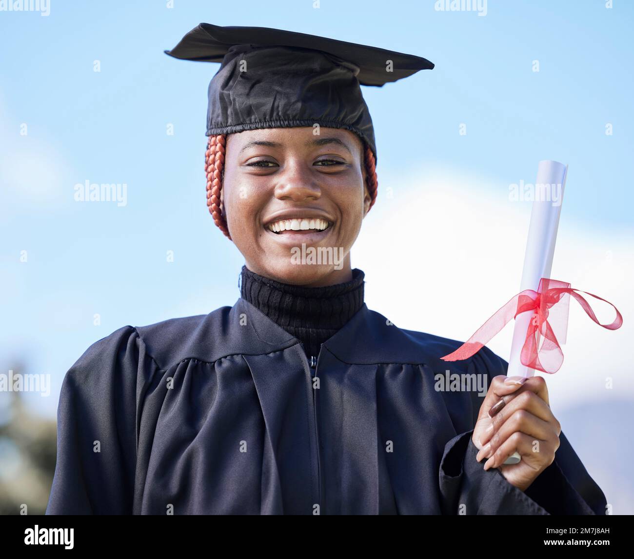 Diploma, education and black woman graduate in portrait, university success and graduation ...