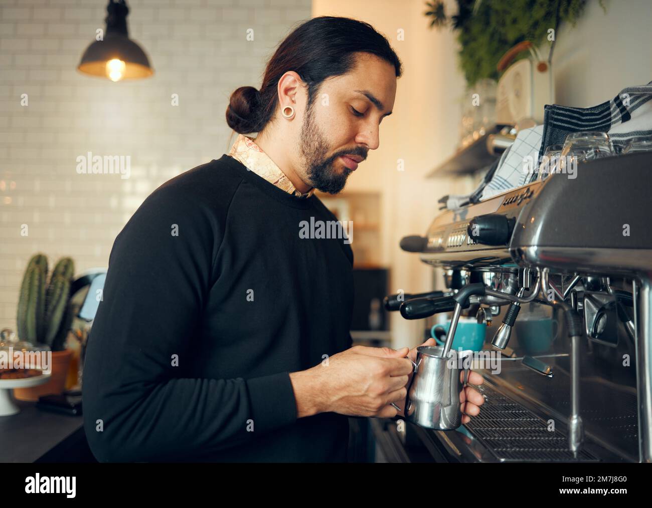 Coffee shop, cafe barista and kitchen machine work for morning espresso ...