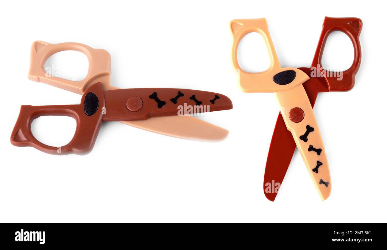 The Set of close up children's brown scissors isolated on white ...