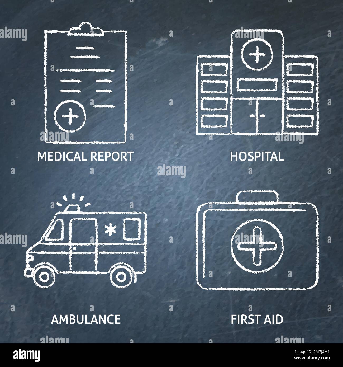 Ambulance and hospital chalkboard icon set. Medical clinic, first aid symbols. Vector ...