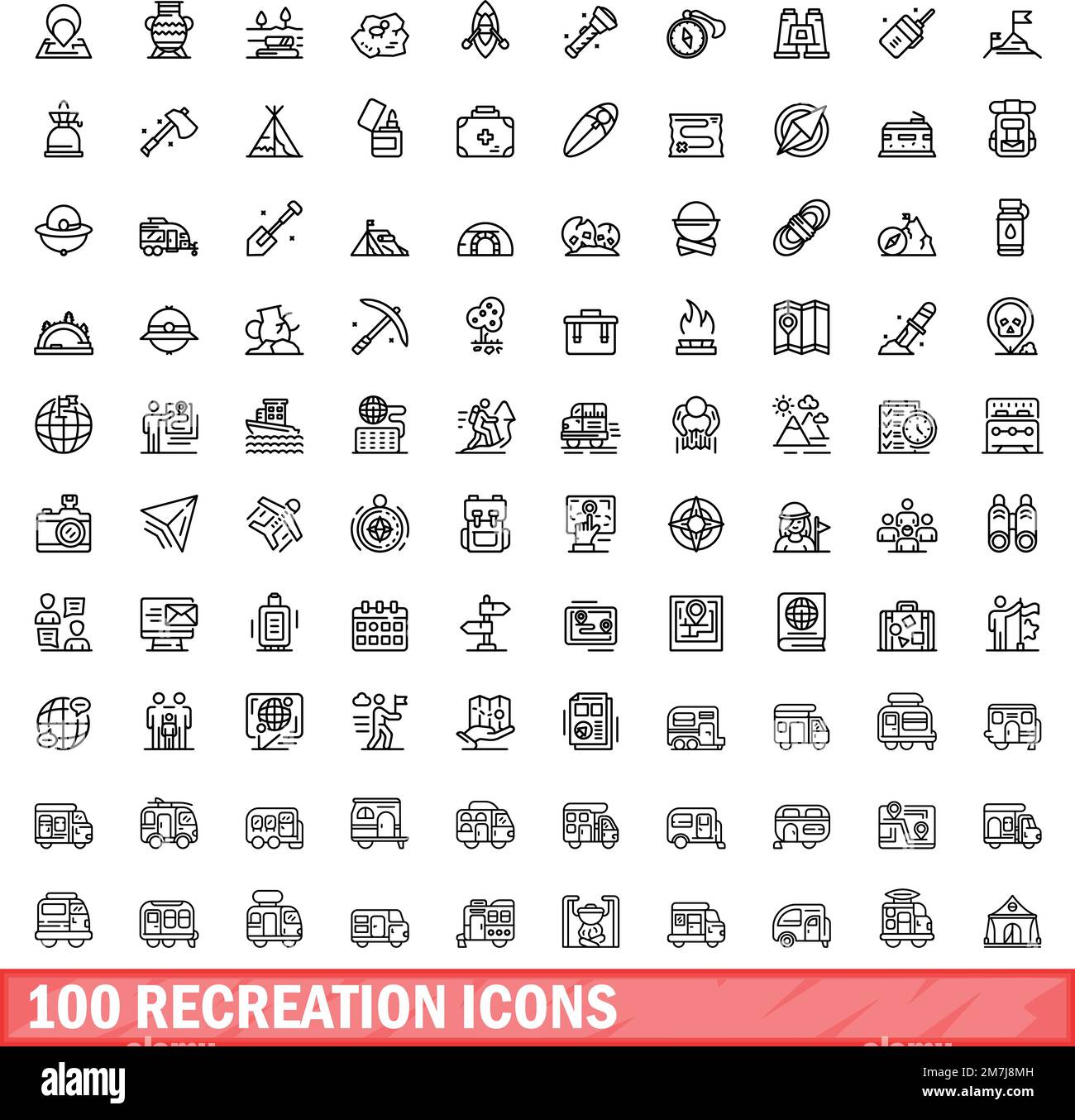 100 recreation icons set. Outline illustration of 100 recreation icons ...
